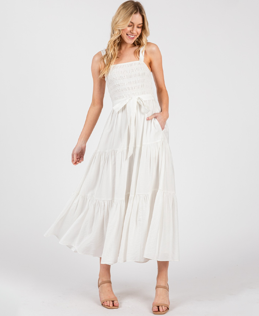 Noa Smocked Midi Dress – White – Daisy Shoppe - cute clothes & accessories
